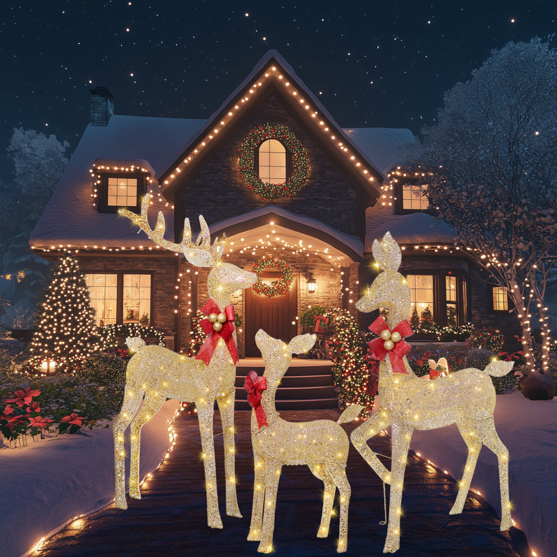 The Holiday Aisle® 3-Piece Light Up 3D Gold Reindeer Family Outdoor Christmas Decorations Set ...